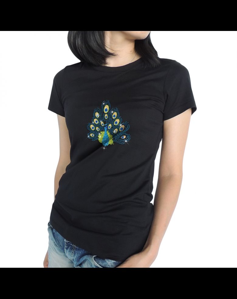 Women's Rhinestone Tee Shirt with Shiny Peacock Design - CSTOWN