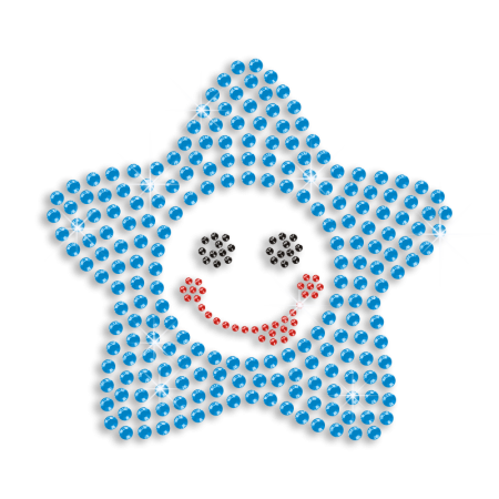 Bling Blue Star with Funny Face Iron on Rhinestone Transfer Motif - CSTOWN