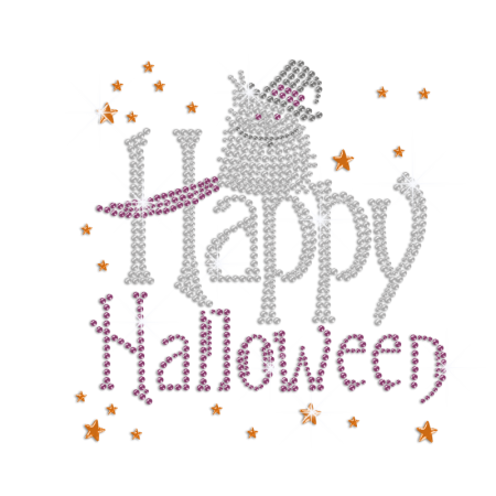 Happy Halloween with A Lovely Cat Rhinestone Iron On - CSTOWN