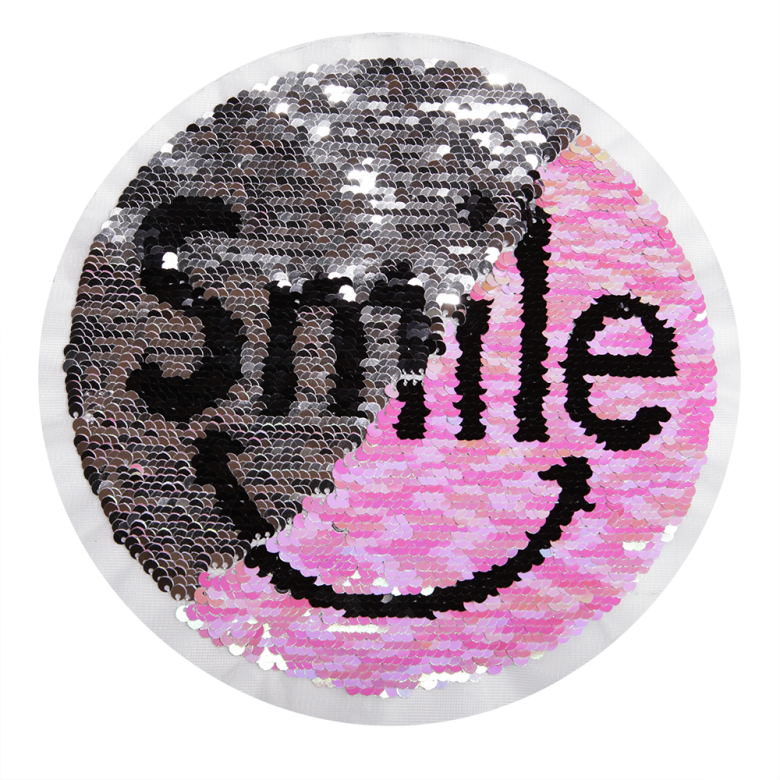 Silver and Pink Smile Face Reversible Sequin Patch - CSTOWN